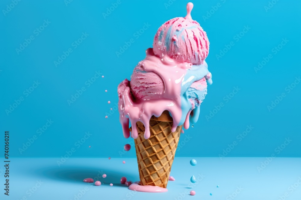 Playful and vibrant explosion of pink and blue ice cream melting over ...