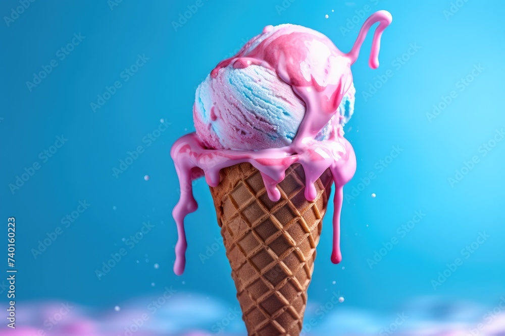 Playful and vibrant explosion of pink and blue ice cream melting over ...