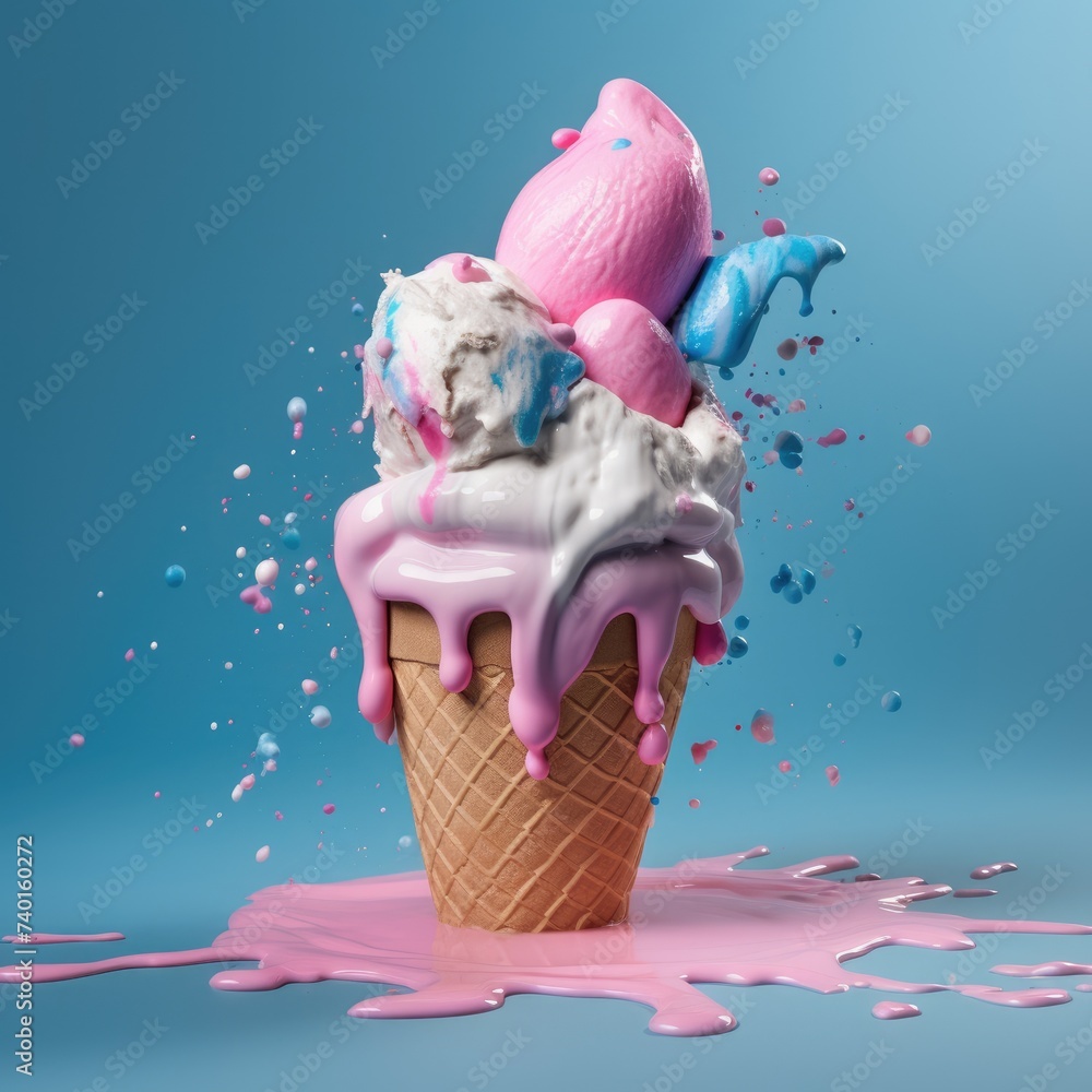 Pink and blue ice cream in mid melt, artfully captured as it overflows ...