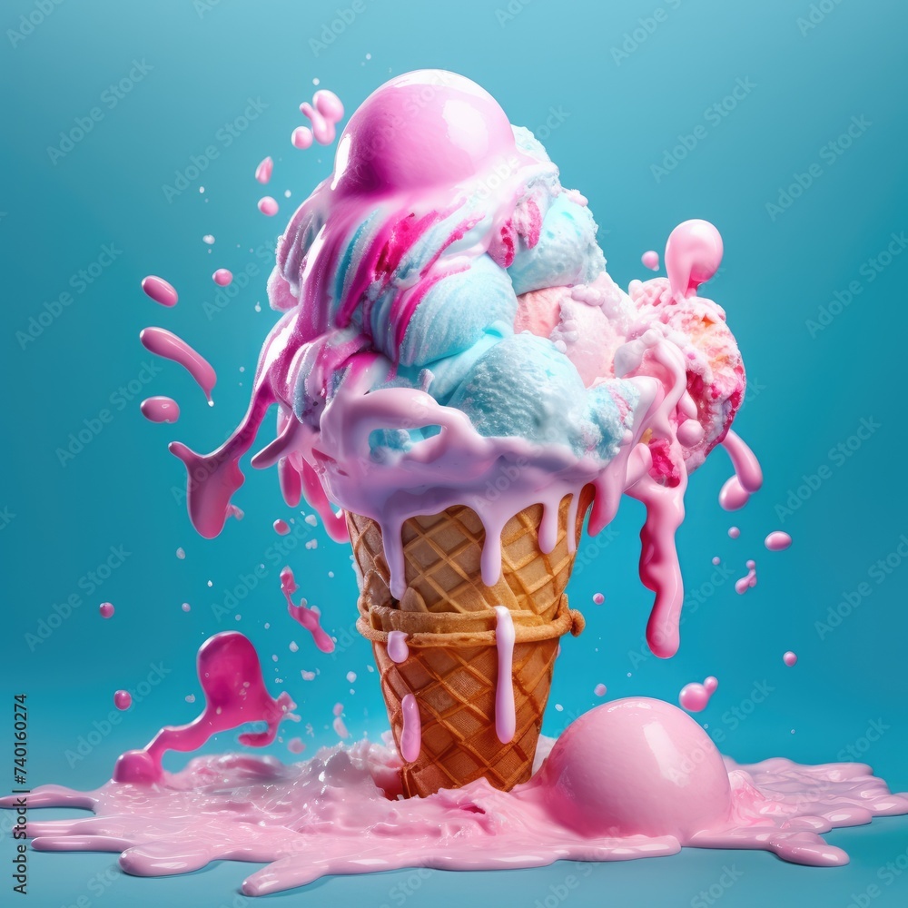 Pink and blue ice cream in mid melt, artfully captured as it overflows ...