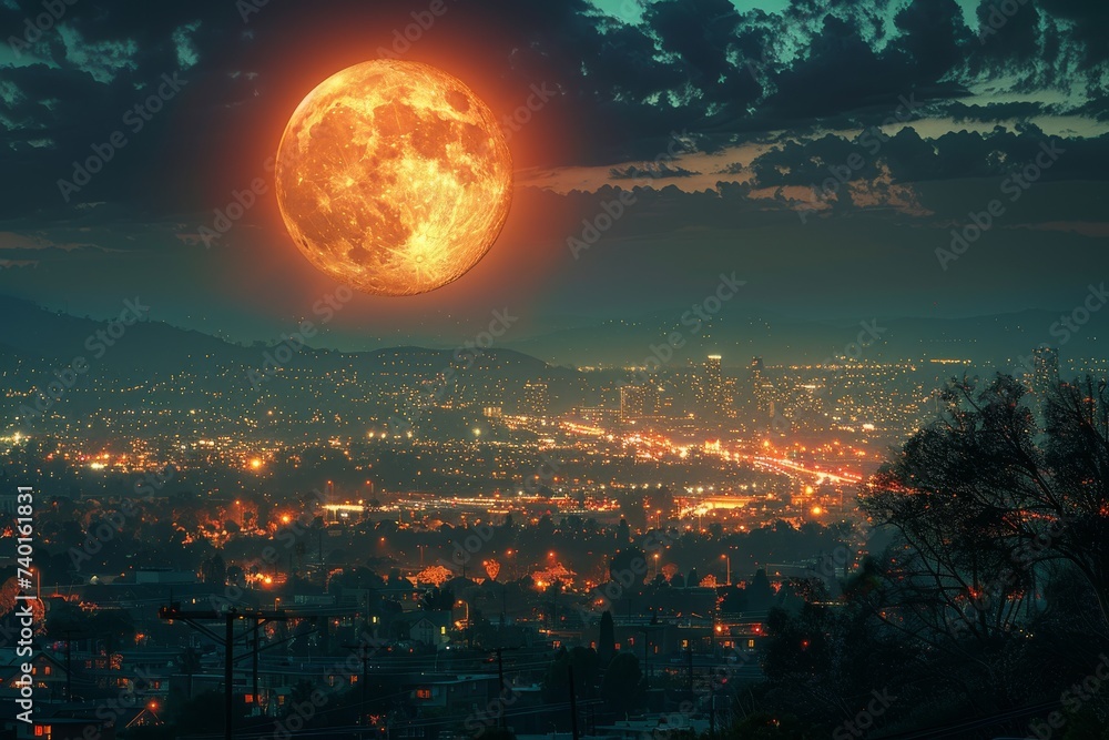A mesmerizing sky hung over the city, with a colossal orange moon ...