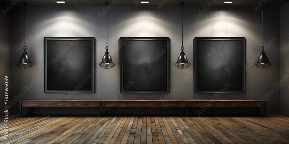 On the pitch black wall three frames mock up Picture and lettering ...