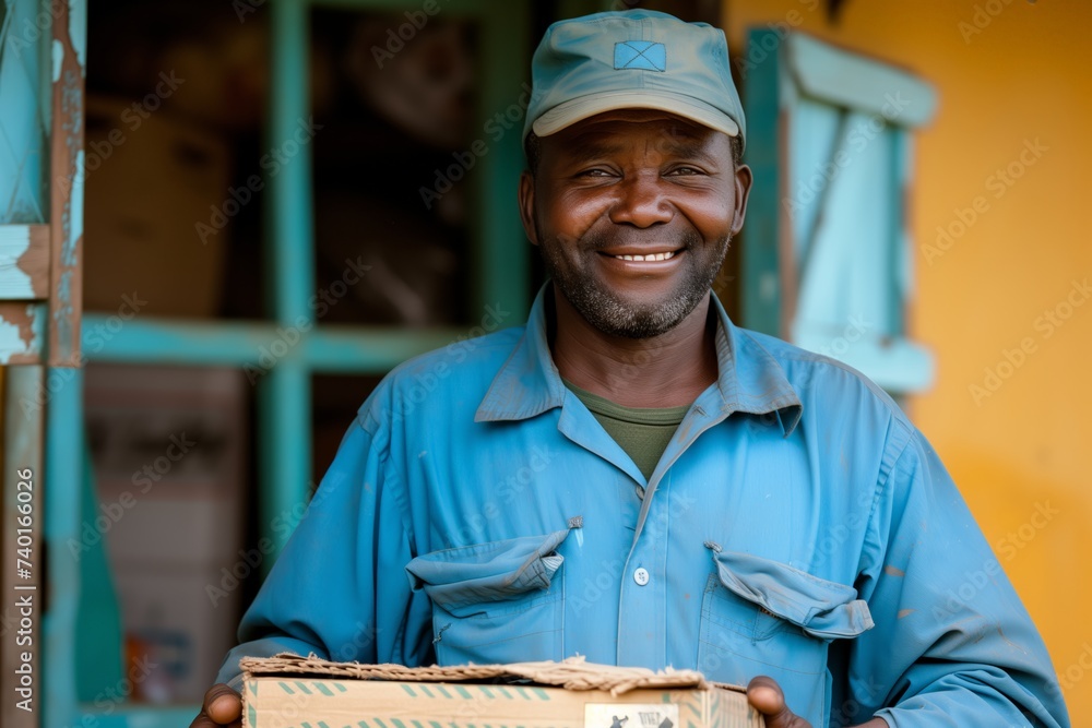 Smiling African American delivery man with a cap holding a cardboard ...