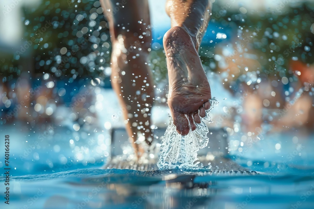 Swimmer launching off the starting block in a competitive race ...
