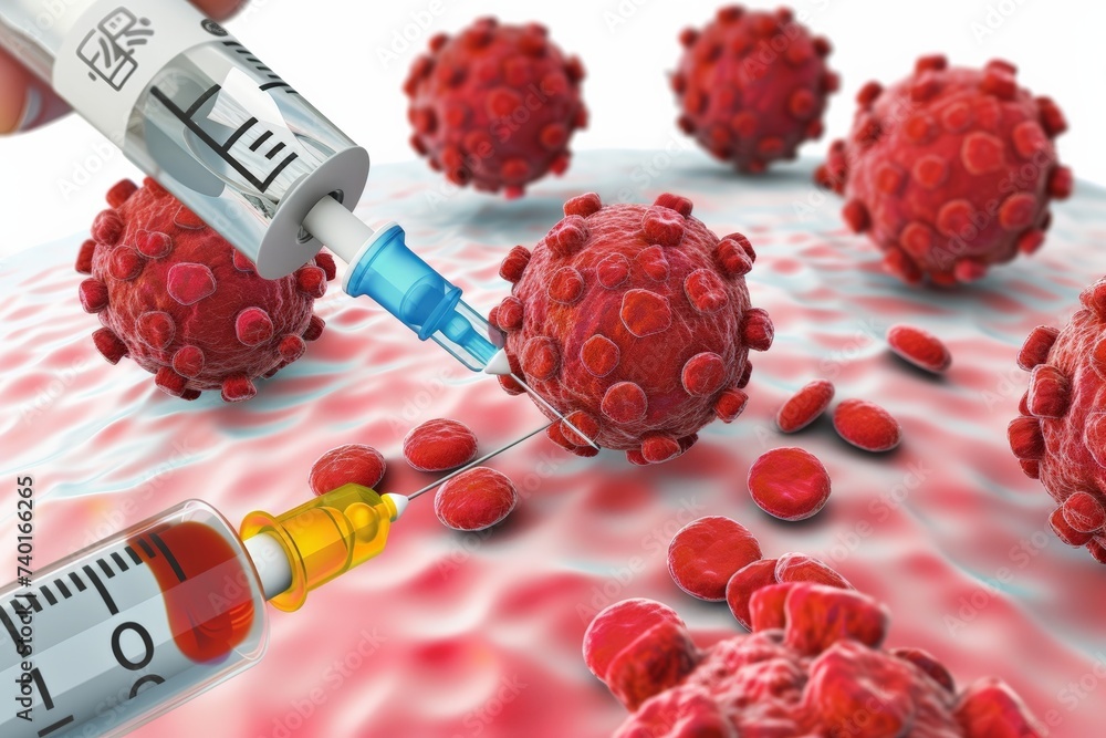 syringe administers a vaccine to a magnified virus, reflecting global ...