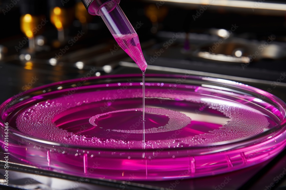 Precision pipette adding pink solution to dish creating concentric ...