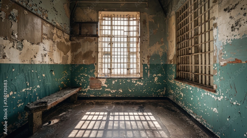 old jail cell with bars and old walls due to the age of day in high ...