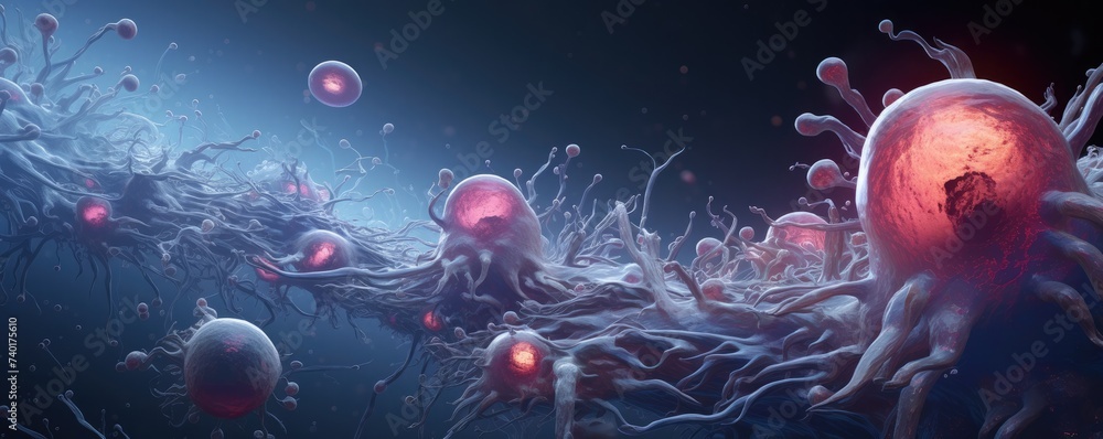 Microscope molecular structure of cancer , blood cells, banner, inside ...