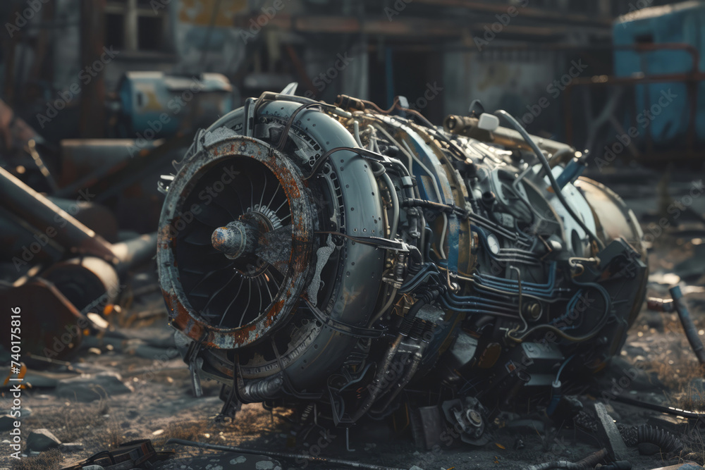 Old jet engine on the ground or after a plane fire, a collapsing plane ...