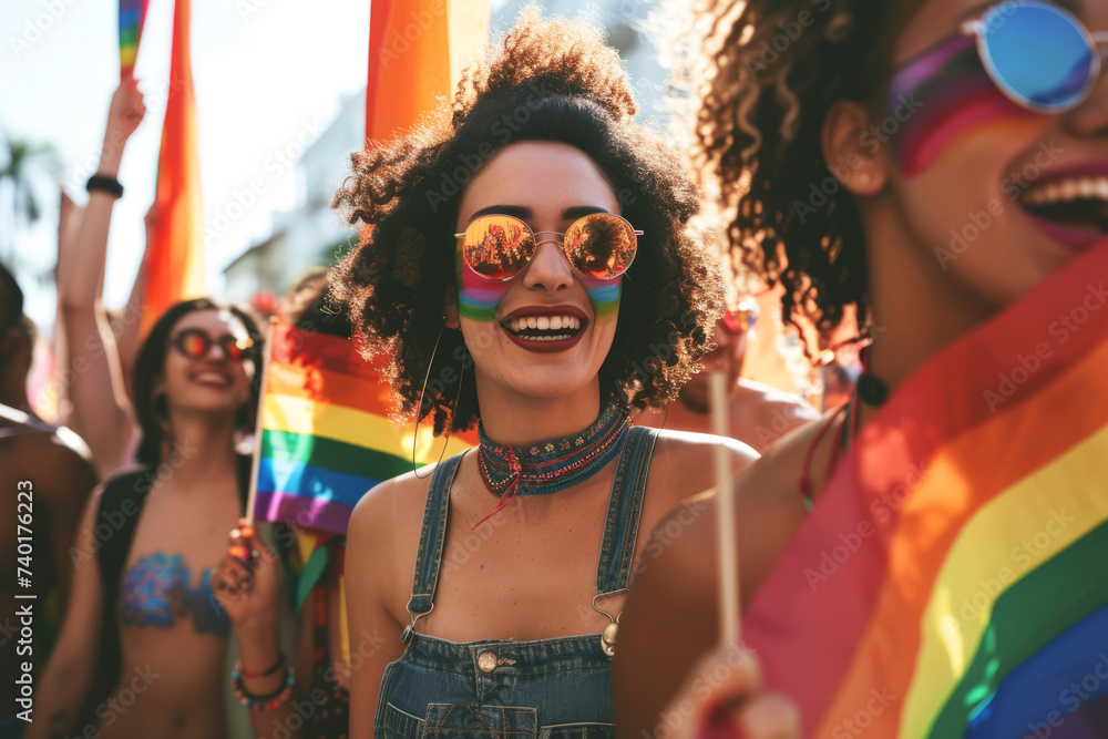 LGBT women at a protest with colorful flags, smiling LGBT woman with ...