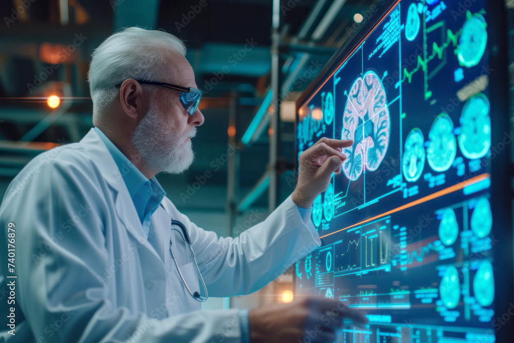 Surgeon doctor analyzing patient's brain tests on electronic board with ...