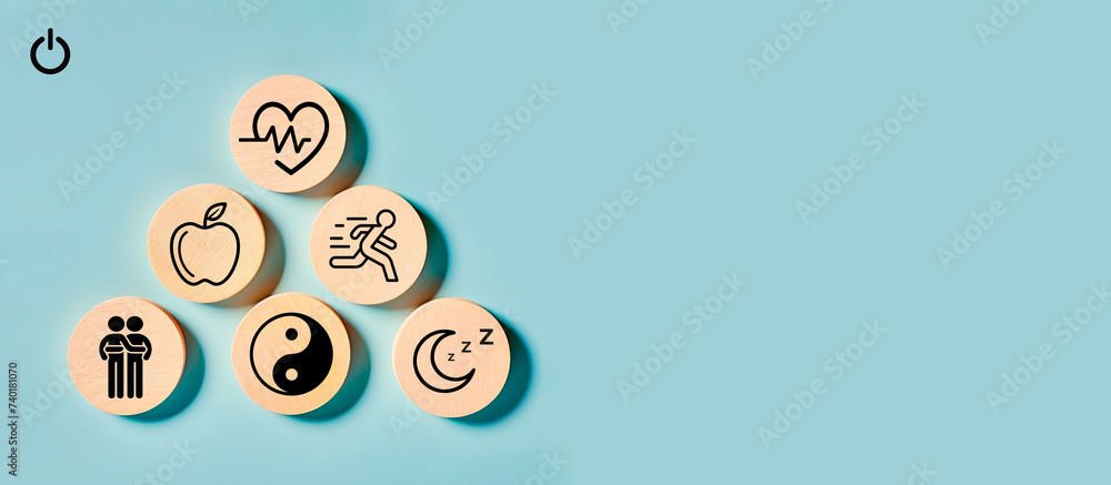 health-related symbols on wooden discs - health and longevity factors ...