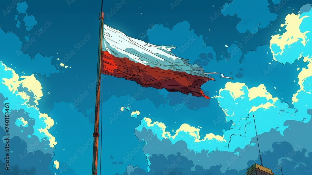 Illustrated Polish flag waving in a stylized sky with clouds. Cartoon ...