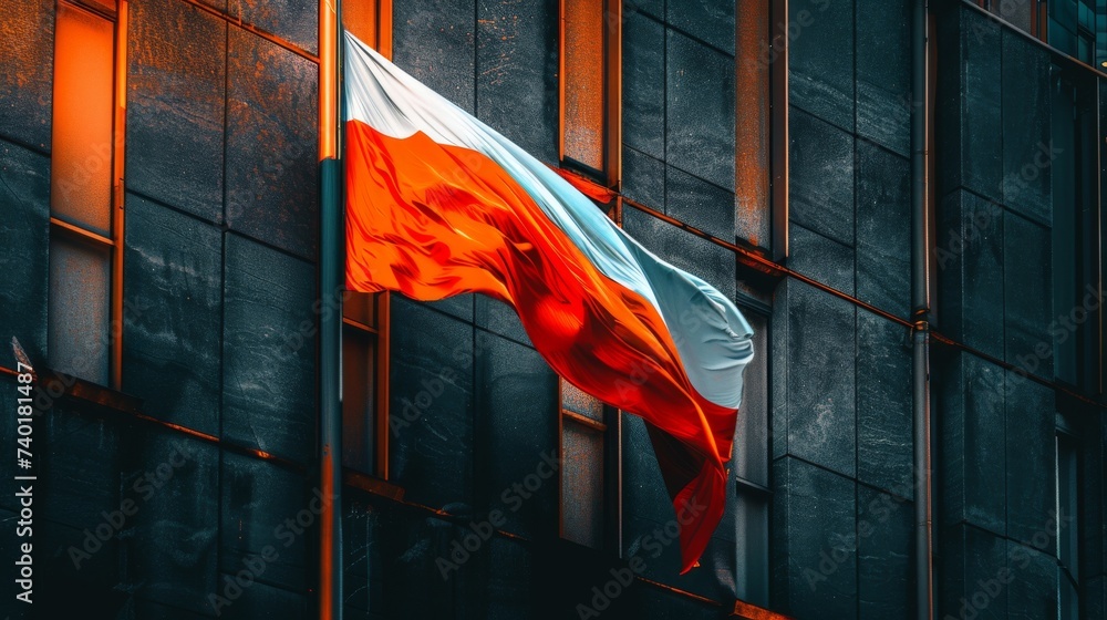 Polish flag waving against modern architectural building. Contrast of ...