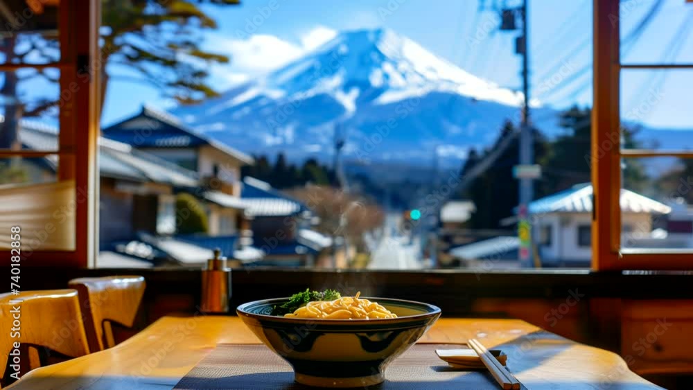 Ramen on the restaurant table with view of Mount Fuji at sunrise ...