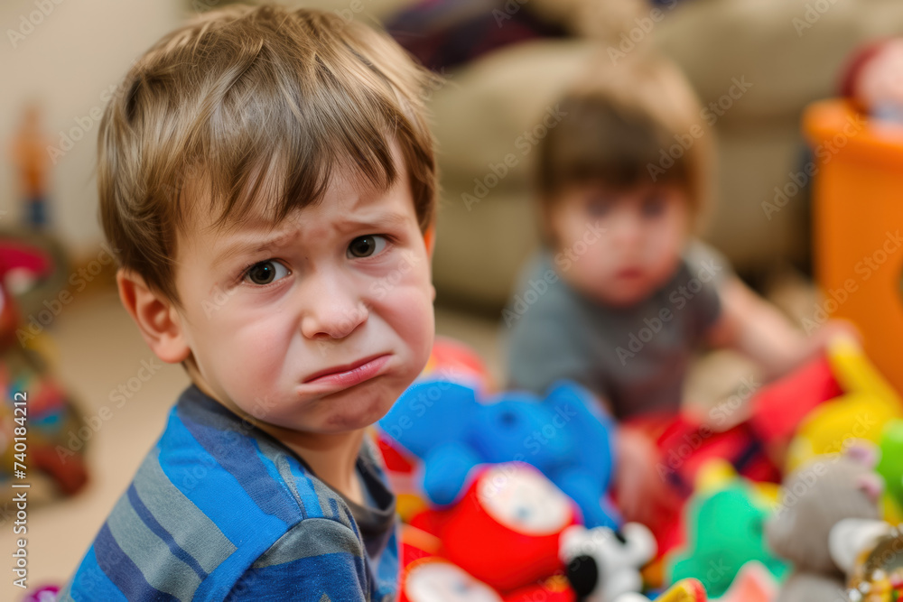 child refusing to share his toys with his sibling. He is holding onto ...