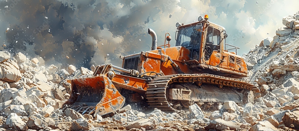 A powerful bulldozer plows through a rocky terrain, its massive ...