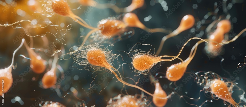 The image presents a highly detailed digital rendering of human sperm ...