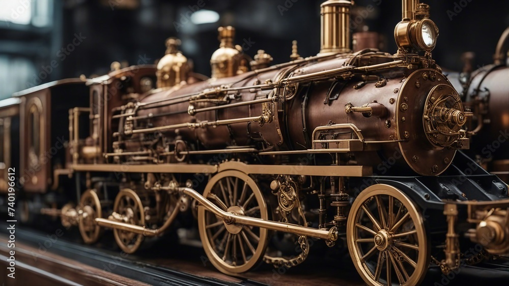 steam locomotive wheels A close-up view of a steampunk train, with ...
