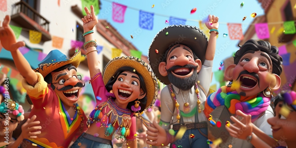 The image depicts four animated characters, two men and two women, in ...