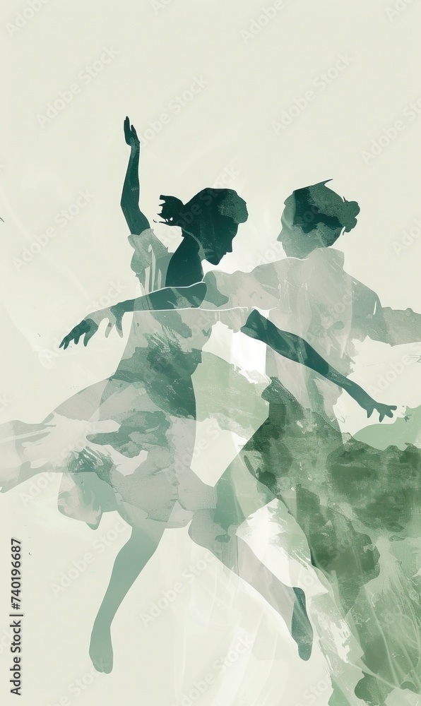 The image shows an artistic representation of two dancers in a fluid ...