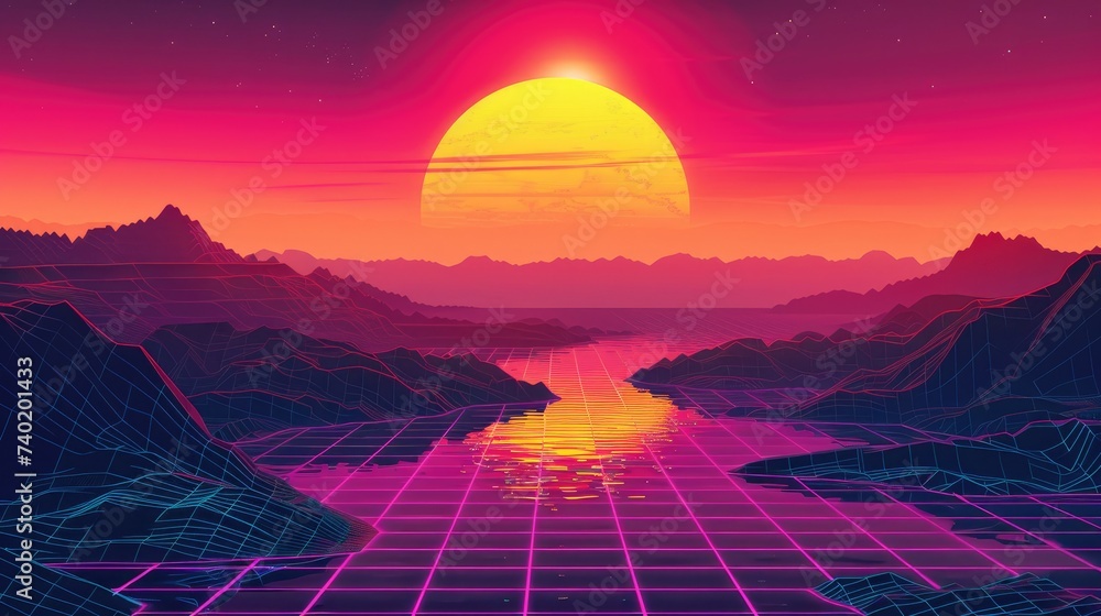 1980s inspired vector landscape showcasing a radiant techno sun and ...