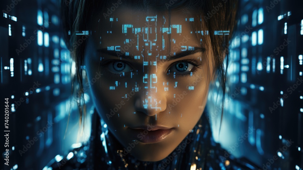 Cyberhumanoid girl robot with blue eyes and binary code represents AI ...