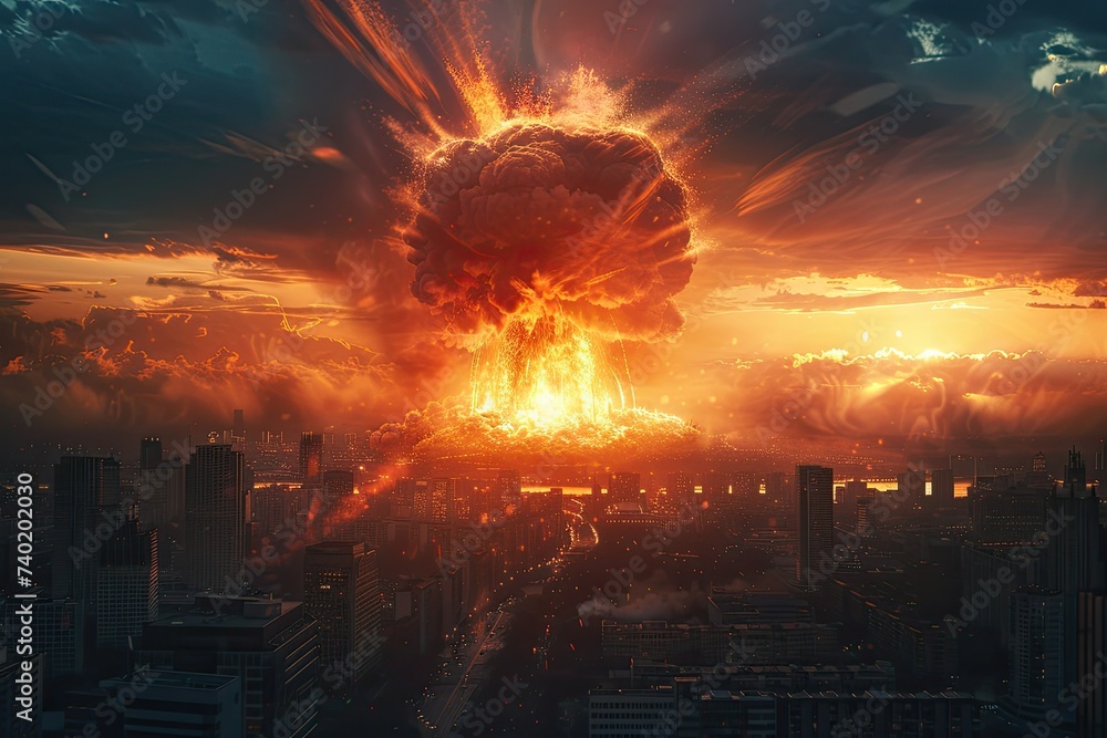 An explosion in a town's skyline making a nuclear fire mushroom cloud ...