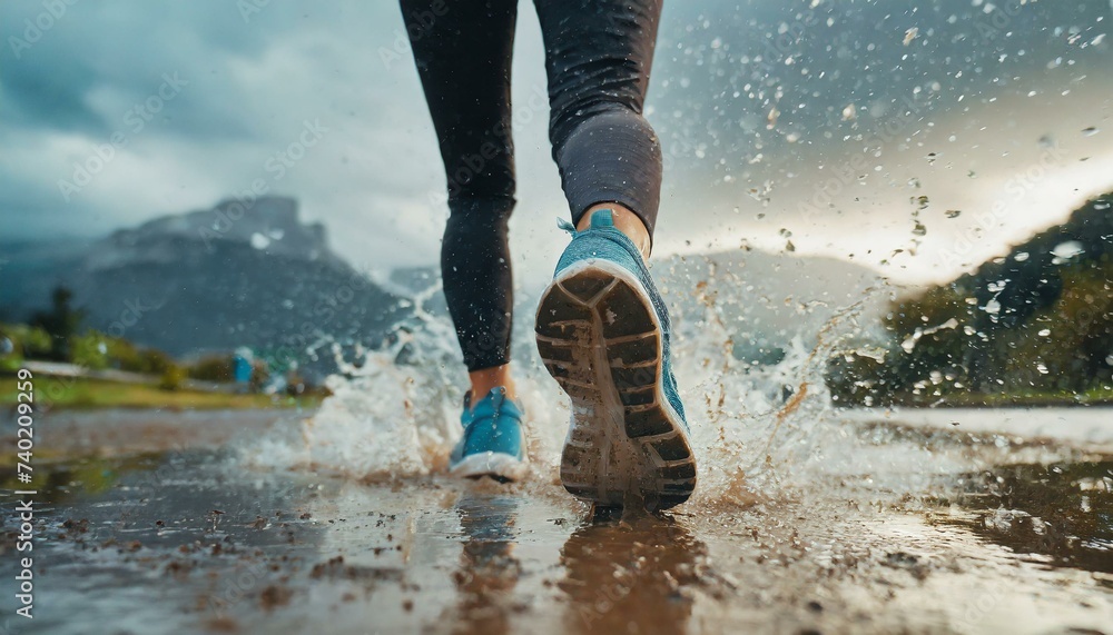 Young woman running in rainy weather, water and mud splashes as her ...