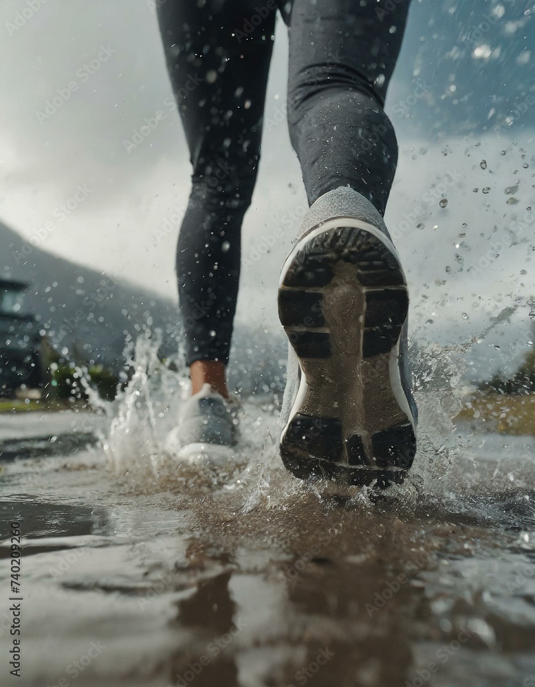 Young woman running in rainy weather, water and mud splashes as her ...