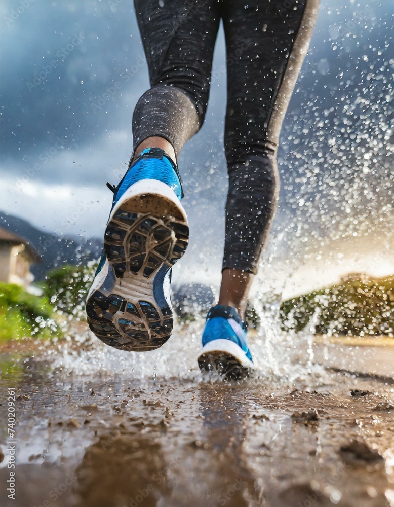 Young woman running in rainy weather, water and mud splashes as her ...