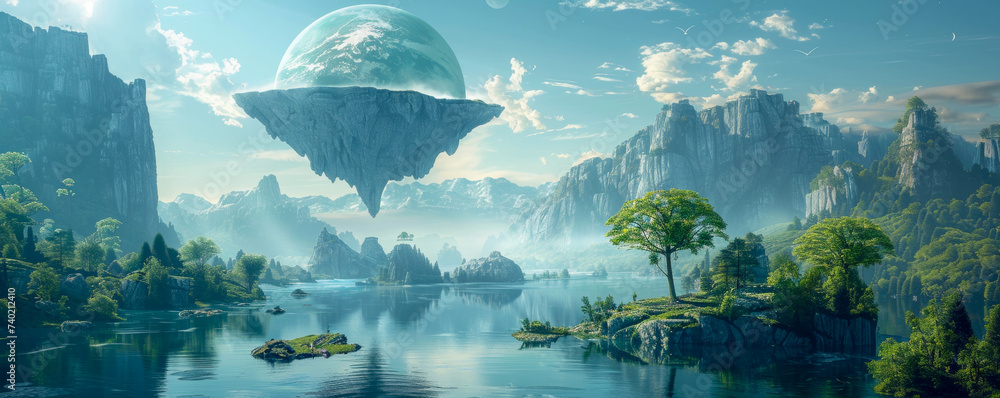 Dreamy fantasy scene with a crystal lake and floating islands designed ...