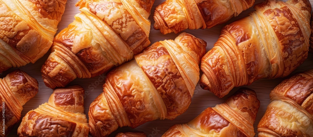 The image displays a collection of golden-brown croissants with a flaky ...