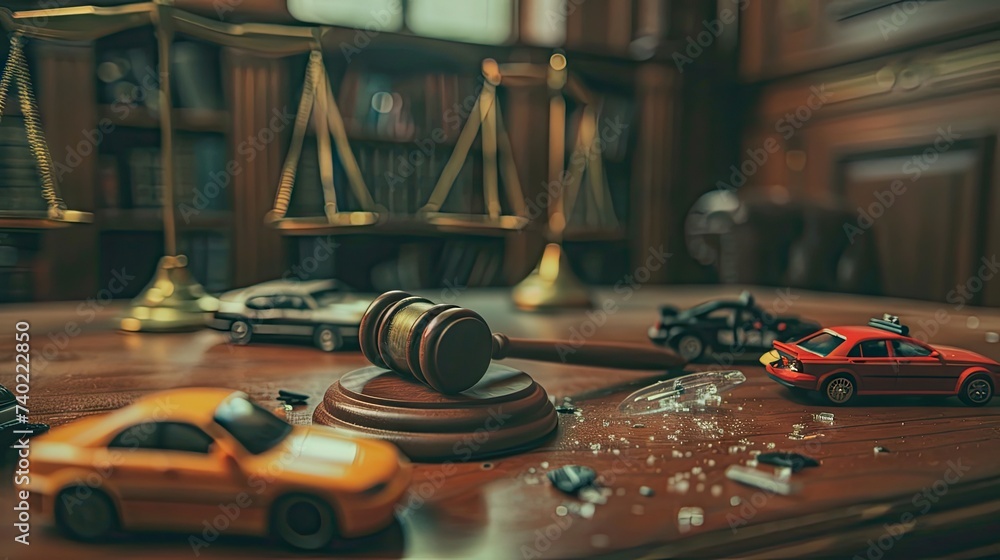 Tabletop scene depicting crashed autos in a courtroom, highlighting a ...