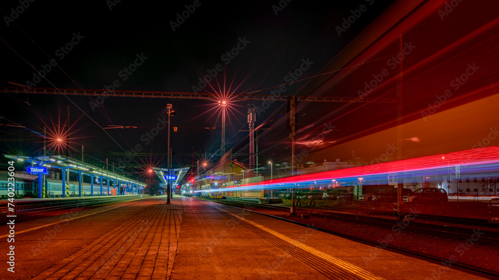 Color night view for platform in winter dark station in Tabor CZ 02 18 ...