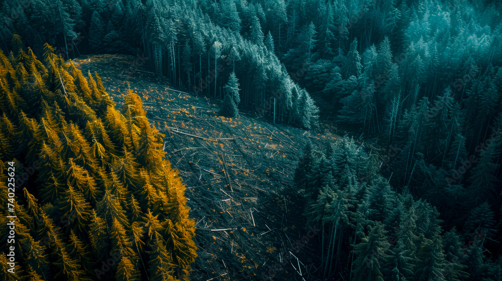 Aerial perspective of deforestation aftermath showing stark contrast ...