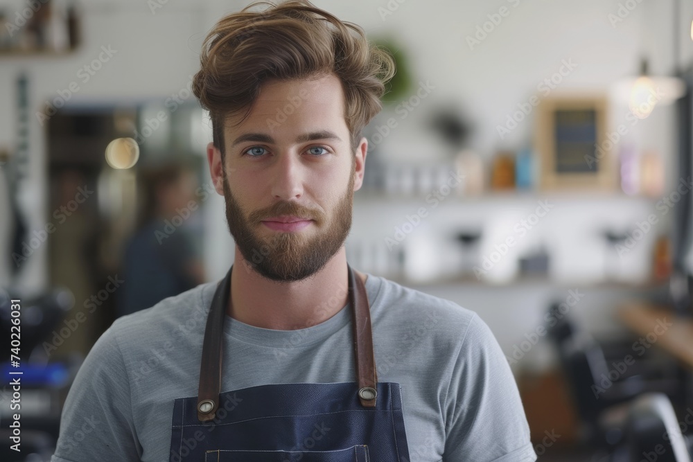 A rugged man stands confidently in front of a plain white wall, his ...