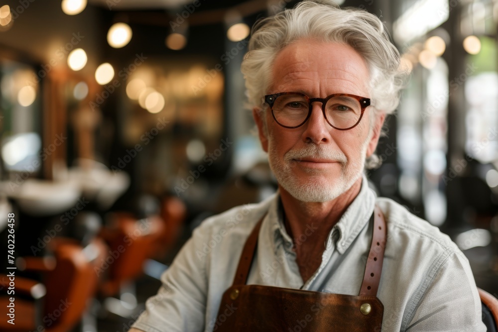 An apron-clad man with glasses and a beard sits indoors, his smiling ...
