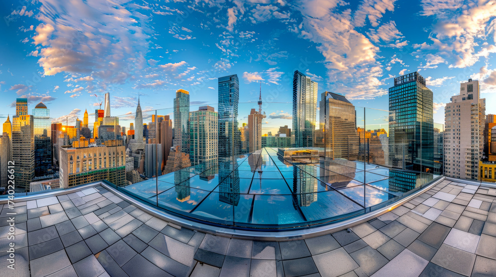 Scenic rooftop view overlooking a bustling metropolis, with towering ...