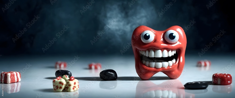 In this Still life photography, a red tooth with big eyes is surrounded ...