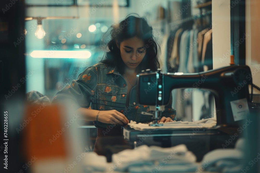 A skilled woman deftly stitches fabric on a sewing machine in a ...