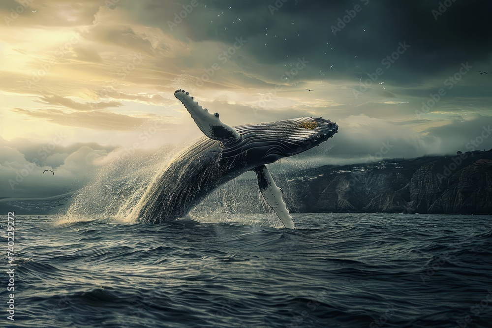A powerful humpback whale jumps out of the water, showcasing its ...