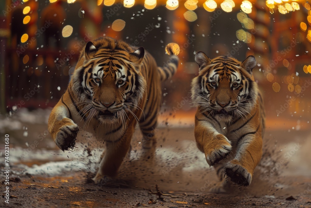 Two majestic big cats, a bengal tiger and a siberian tiger, race ...