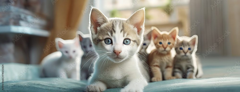Playful Kittens Posing for a Portrait. A group of five kittens with ...