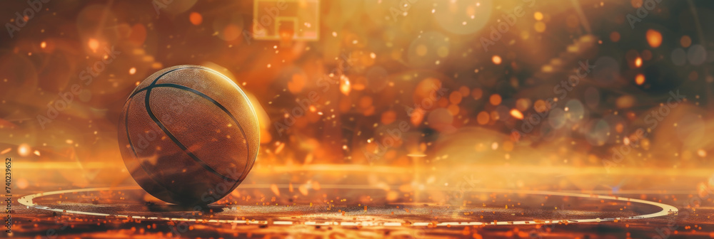 Dramatic Basketball Court Glow - A basketball poised at center court ...