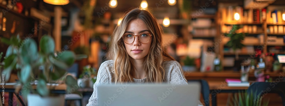 A studious woman gazes confidently at the camera, her glasses adding a ...