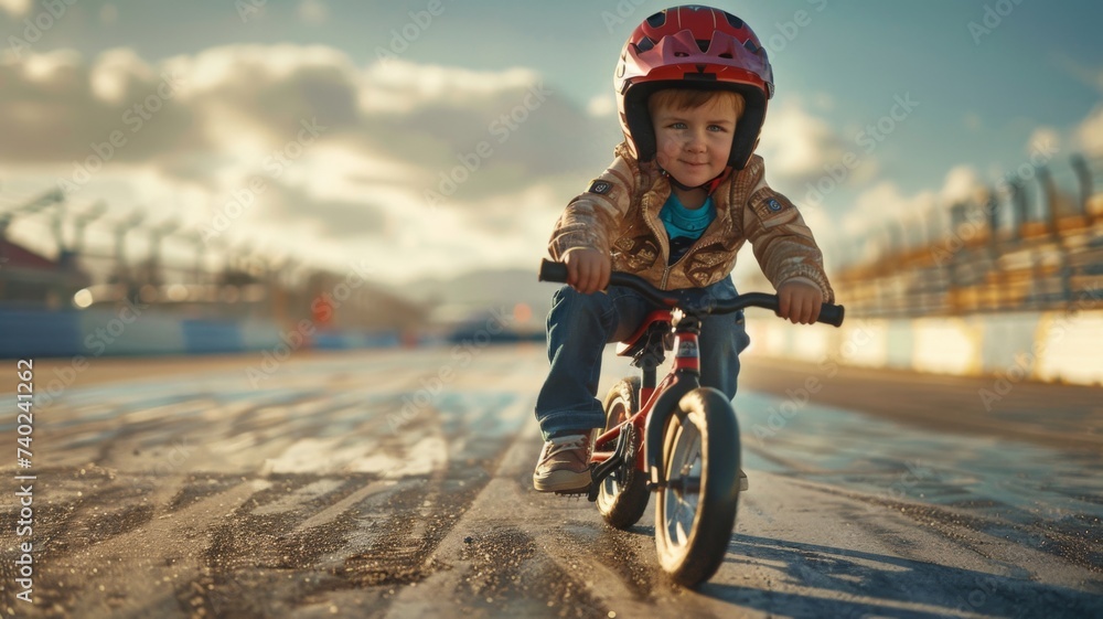 Child's First Ride - A young boy's joy on his first bike ride, helmet ...