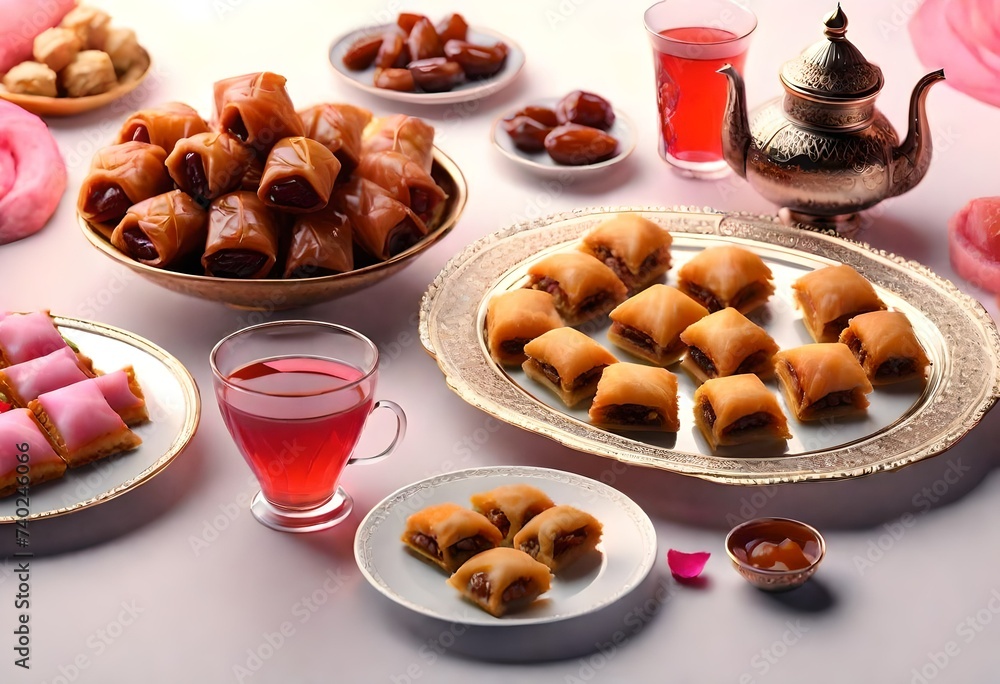 Foto de Ramadan kareem Iftar meal with dates, baklava, traditional ...