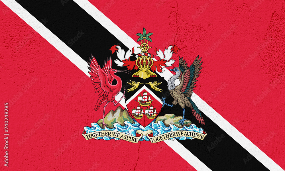 Flag and coat of arms of Republic of Trinidad and Tobago on a textured ...