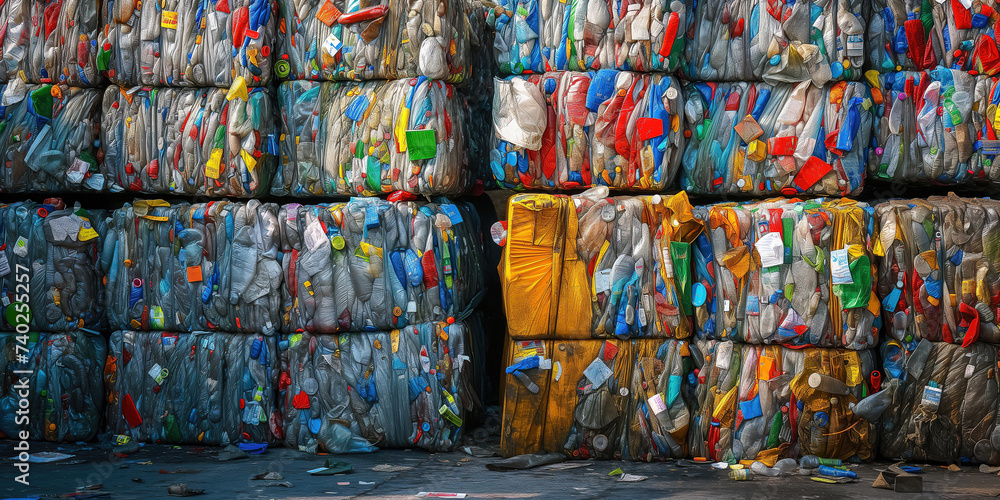 Multiple cubes of compressed plastic garbage near the waste recycling ...